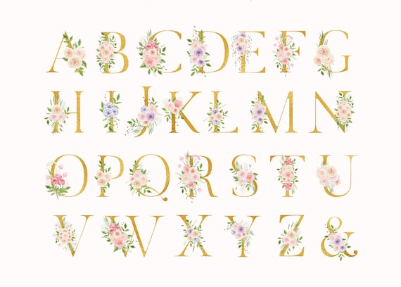 Alphabet Watercolor Floral Gold Typography Wedding Letters and - Etsy UK