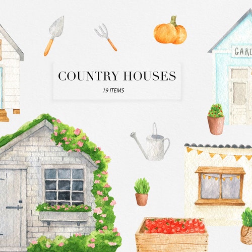 Cozy Village Houses Watercolor Clipart PNG Cottage Farm - Etsy