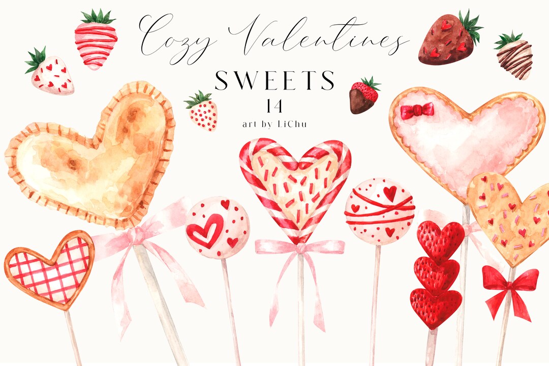 Watercolor Sweets Clipart Cake Pops Heart Cookies Strawberry in ...