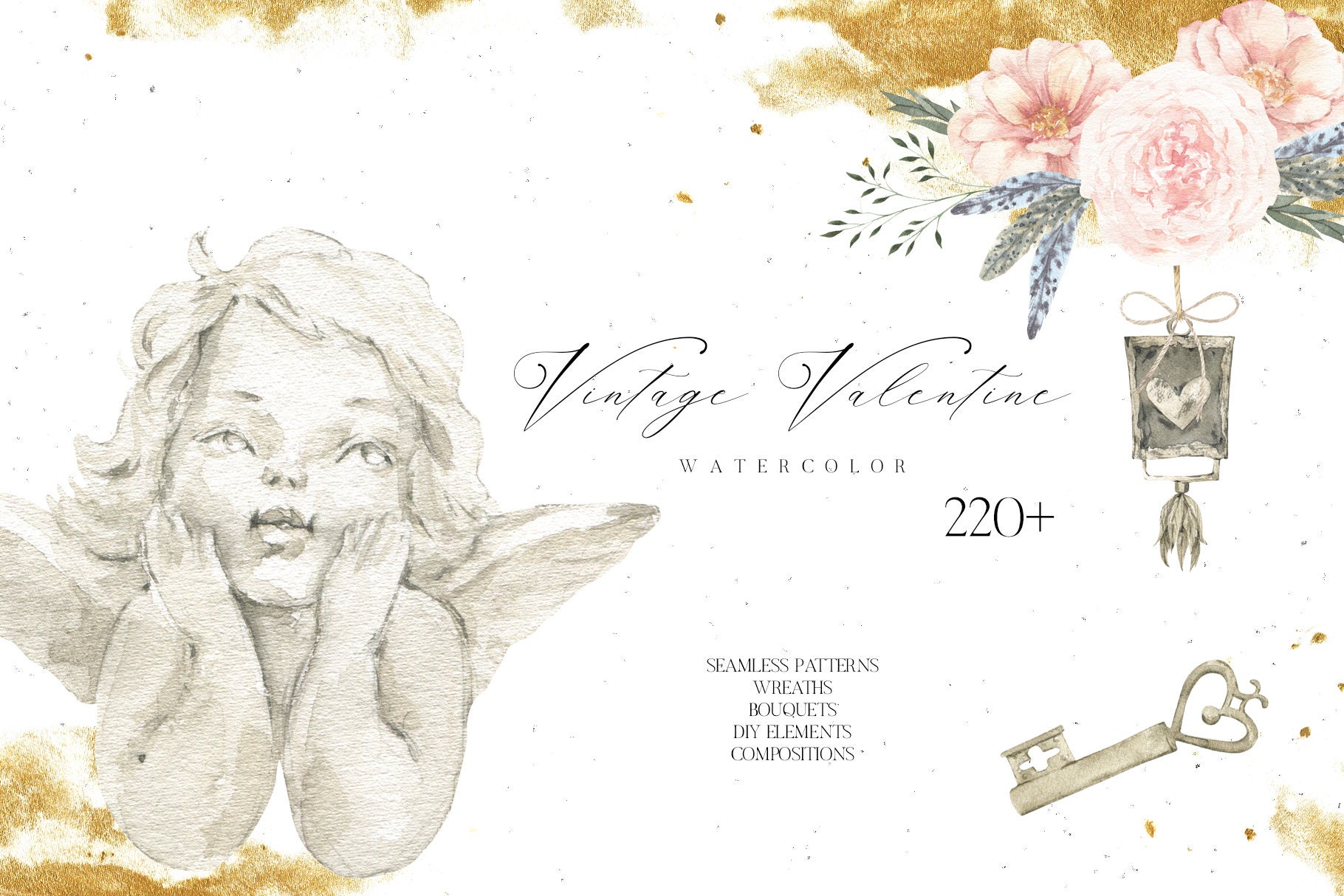 Valentines Day Watercolor Vintage Love Antique Hearts Keys - Etsy