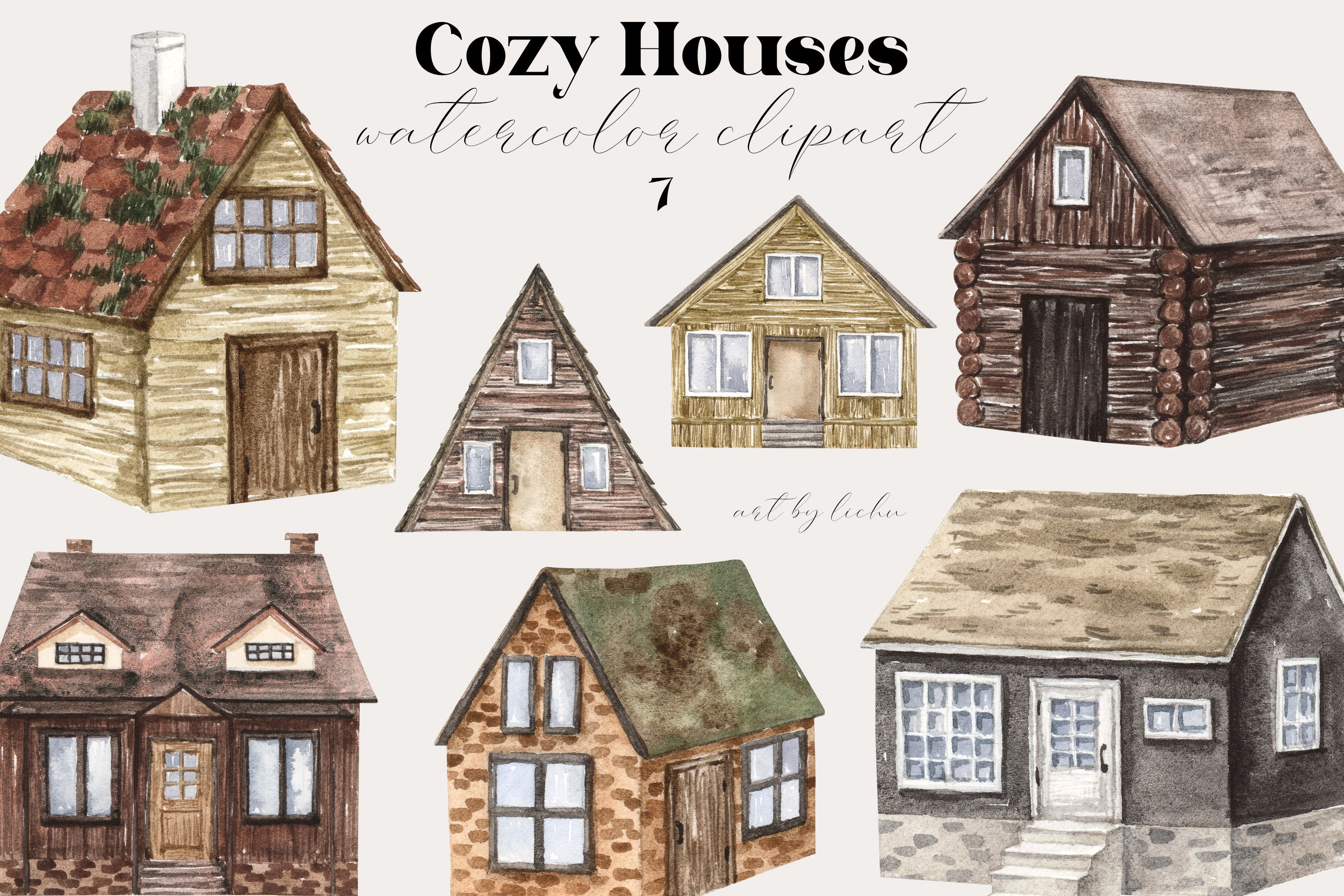 Watercolor Cozy Cabins Clipart Hygge Farm Houses Cottages Village ...