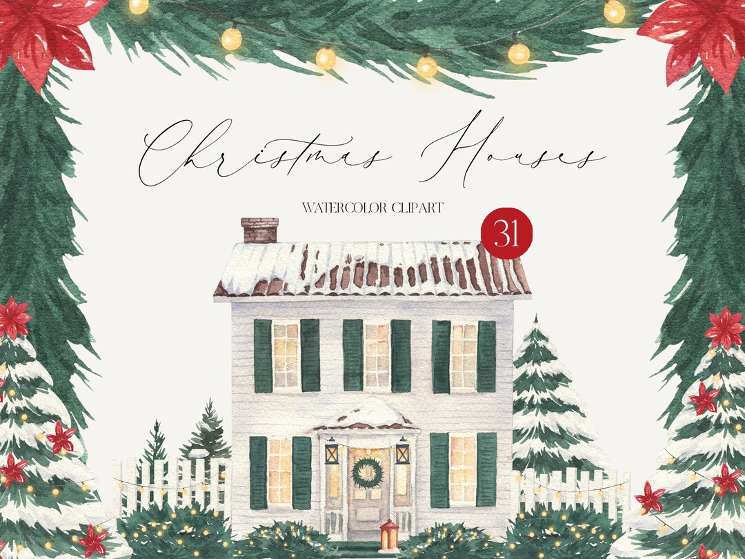 Winter Houses Christmas Watercolor Clipart Floral Wreath Christmas Tree ...