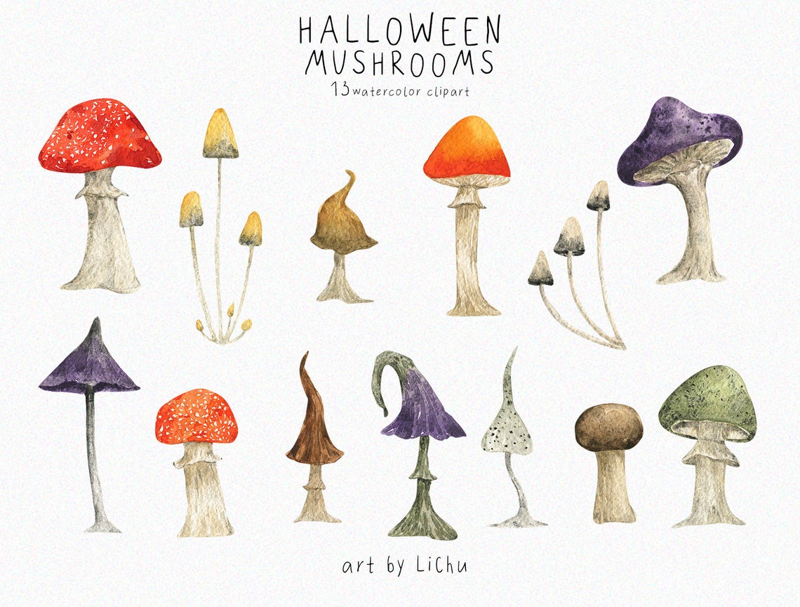 Watercolor Mushrooms Clipart Magic Halloween Cute Autumn | Etsy
