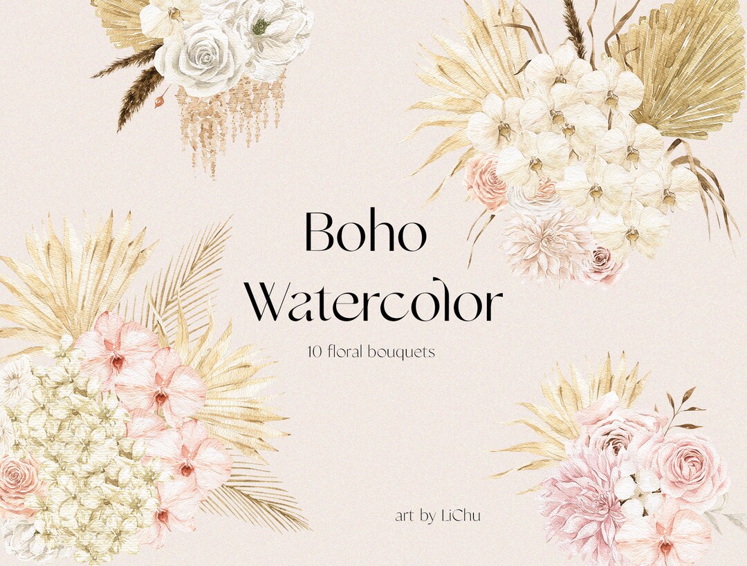 Watercolor Boho Floral Clipart Flowers Dried Palm Leaf Bouquets Leaves ...