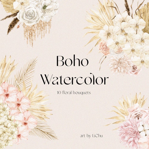Watercolor Boho Floral Clipart Flowers Dried Palm Leaf - Etsy