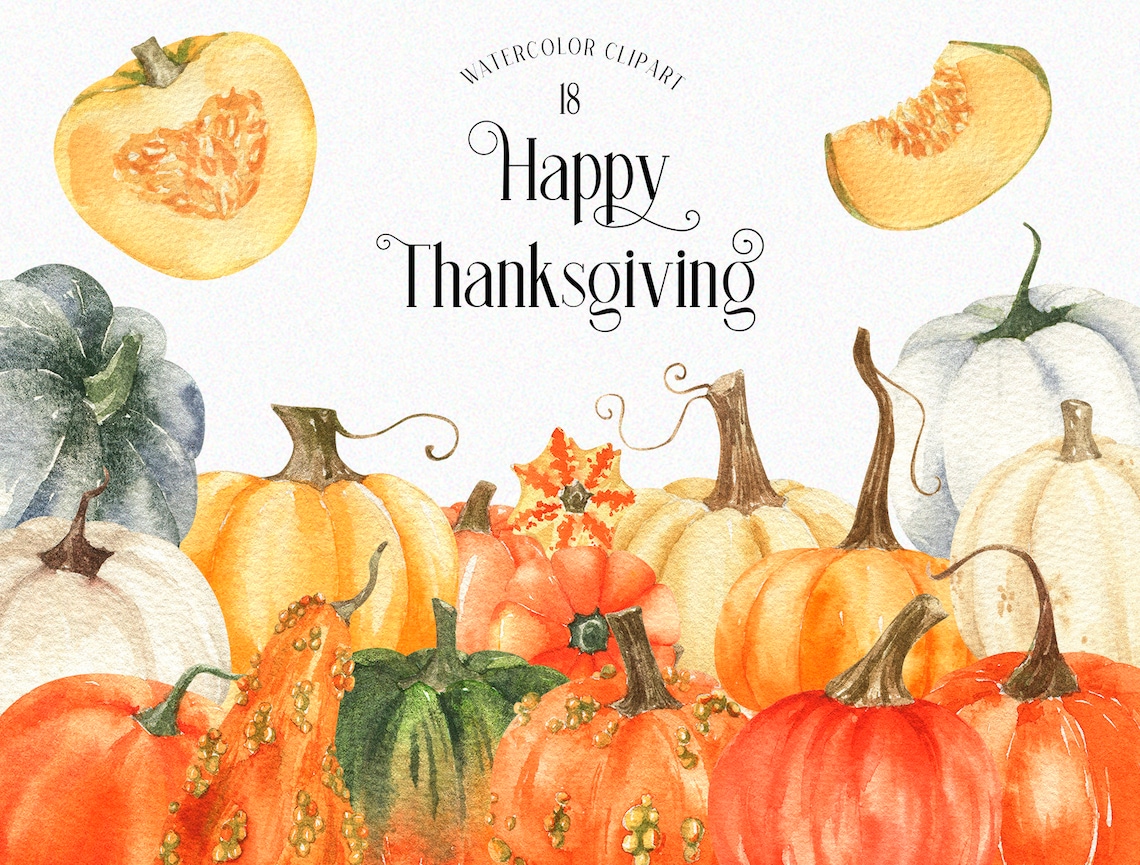 Watercolor Pumpkin Clipart Thanksgiving Vegetable Plants Fall | Etsy