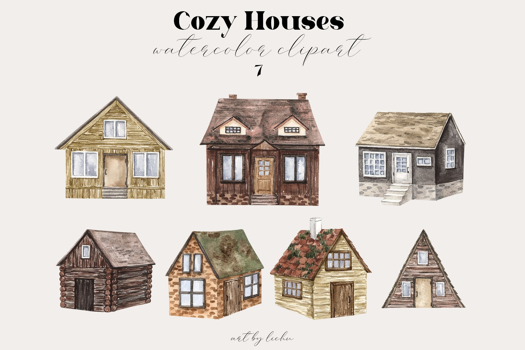 Watercolor Cozy Cabins Clipart Hygge Farm Houses Cottages Village ...