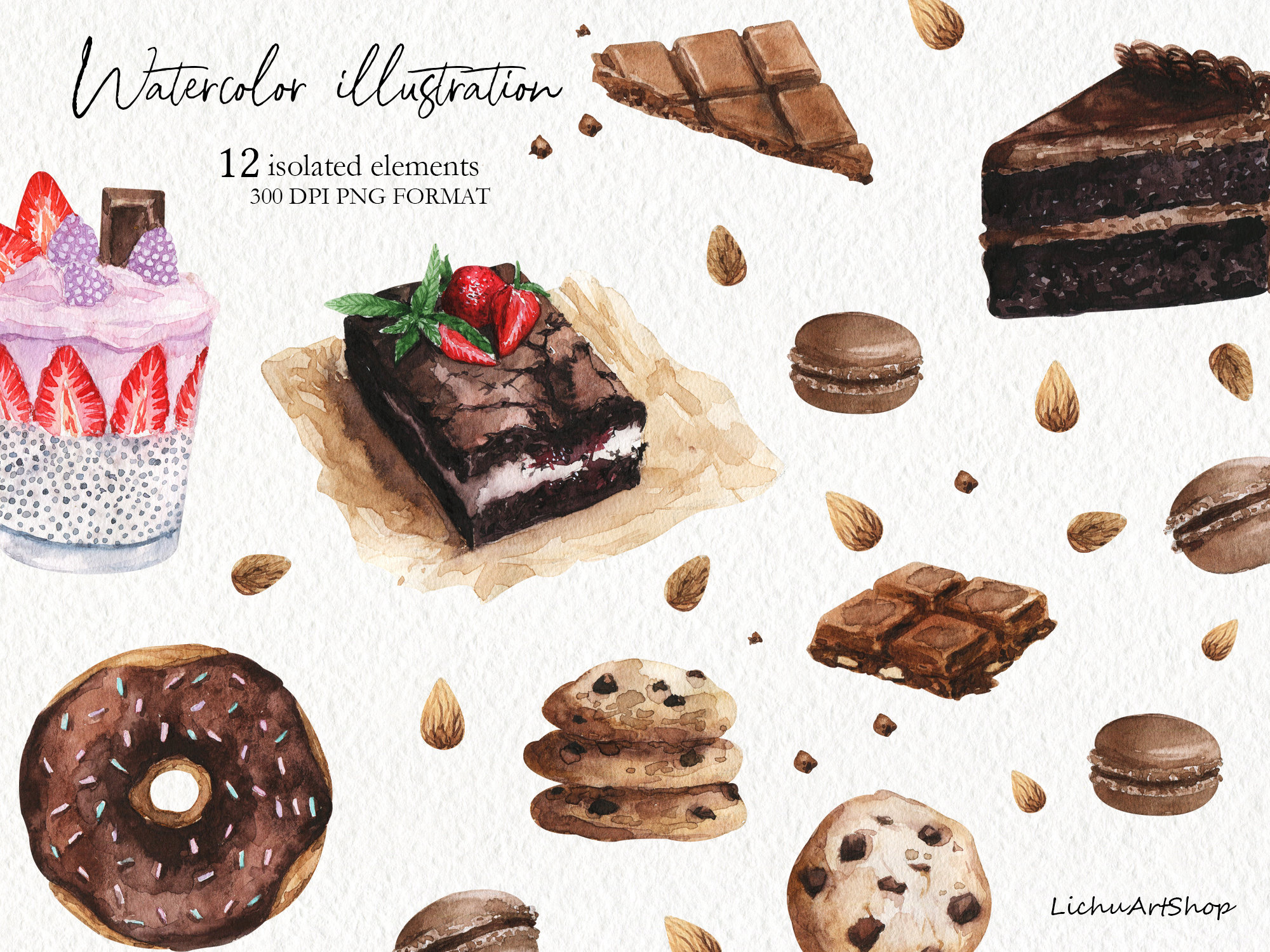 Watercolor Chocolate Desserts Clipart Brownie Clipart - Etsy