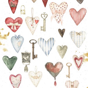 Valentines Day Watercolor Vintage Love Antique Hearts Keys Boho Floral ...