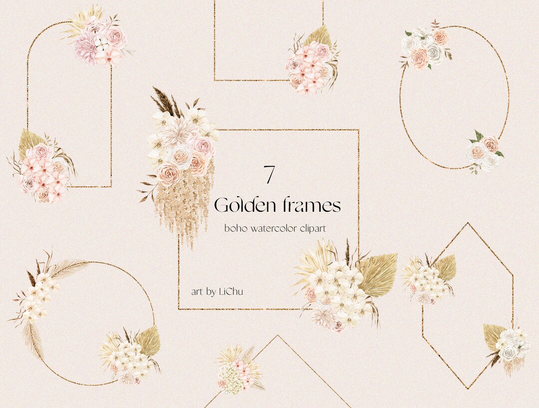 Boho Floral Golden Frame Clipart Watercolor Flowers Wreath Dried Palm ...