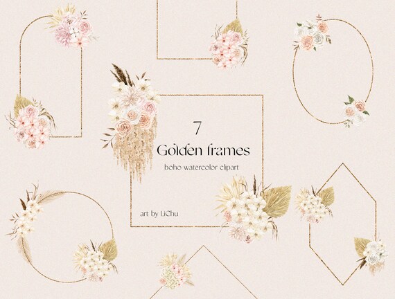 Boho Floral Golden Frame Clipart Watercolor Flowers Wreath | Etsy