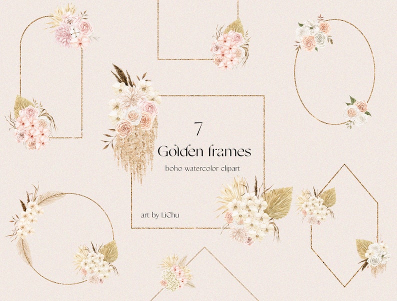 Boho Floral Golden Frame Clipart Watercolor Flowers Wreath - Etsy