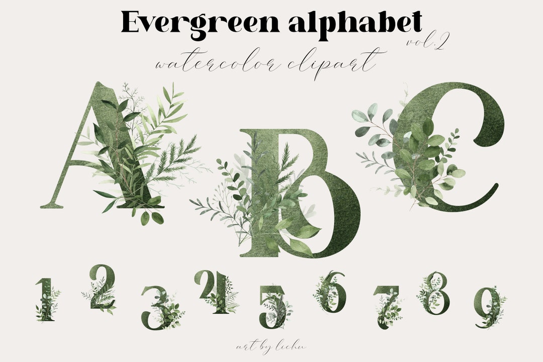 Watercolor Foliage Greenery Alphabet Numbers Evergreen Leaves Letters ...