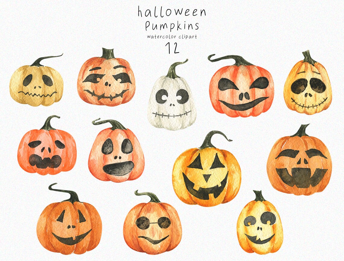 Watercolor Halloween Pumpkin Clipart Jack-o'lanterns - Etsy