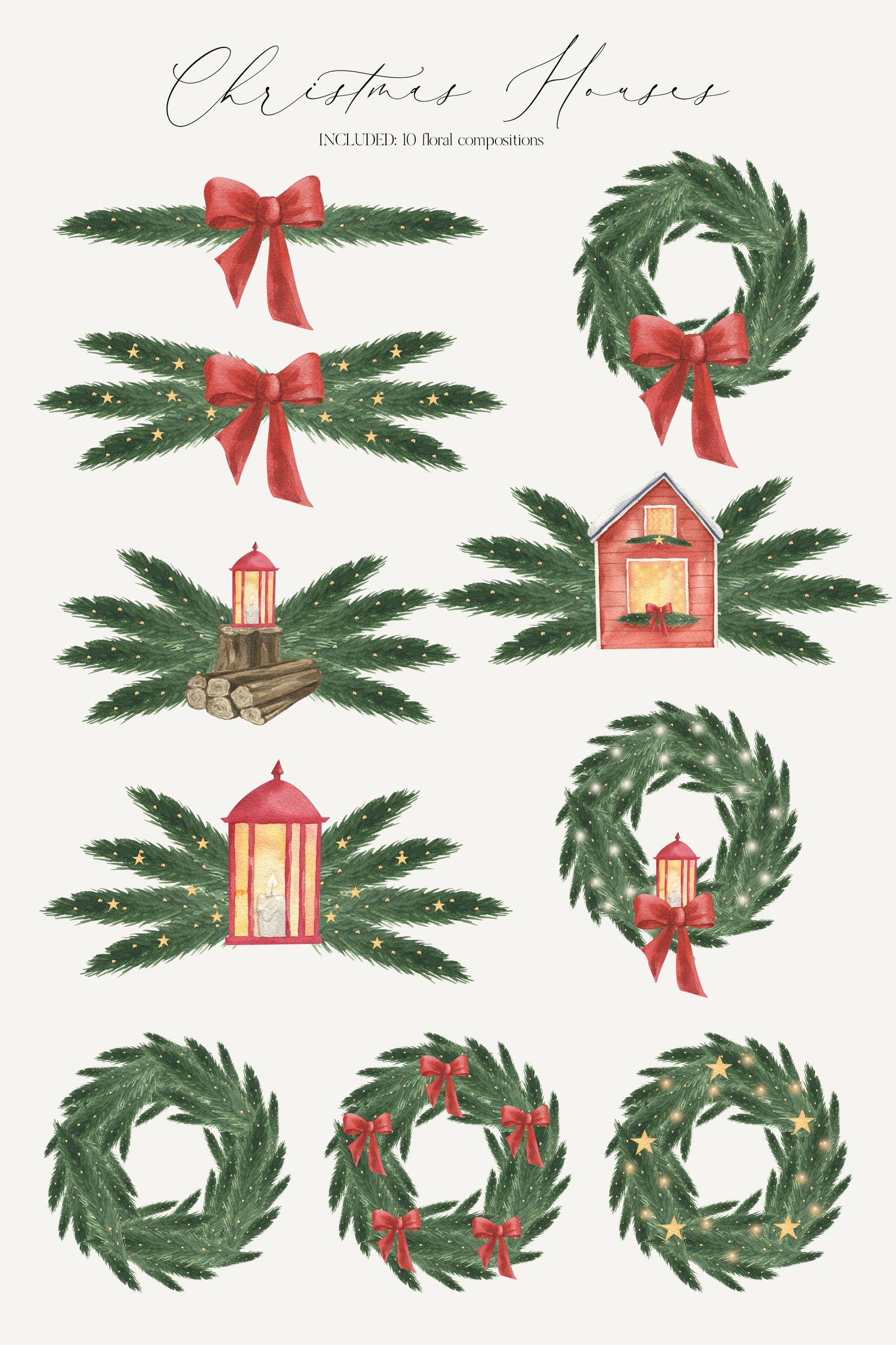 Watercolor Christmas Clipart Winter House Floral Wreath Home - Etsy