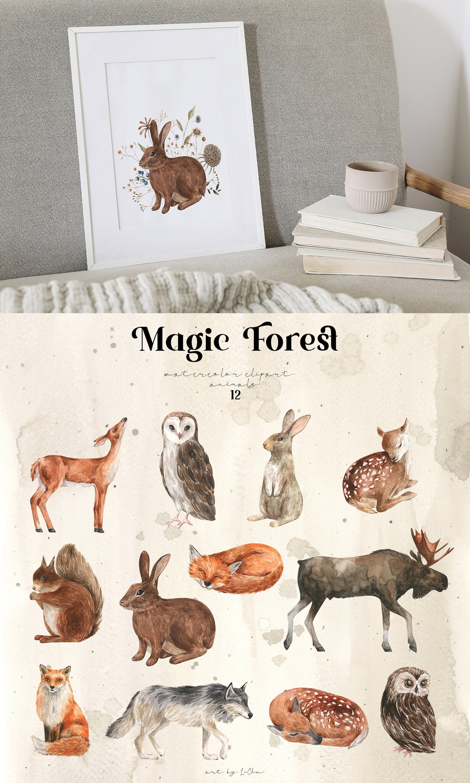Watercolor Magic Forest Clipart Woodland Animal Fox Squirrel Deer Wolf ...