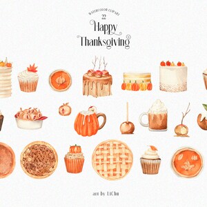 Watercolor Thanksgiving Clipart Pumpkin Pie Nut Cupcake Apple Сider ...