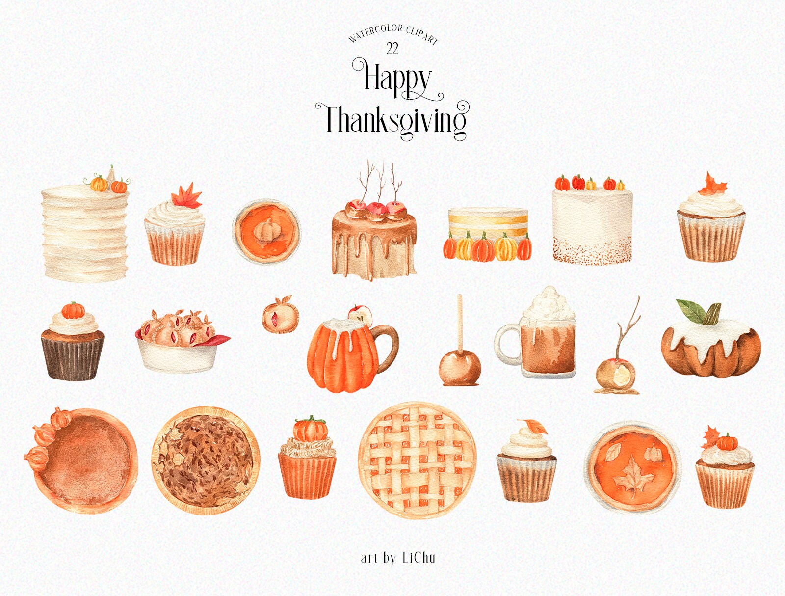 Watercolor Thanksgiving Clipart Pumpkin Pie Nut Cupcake Apple Сider ...