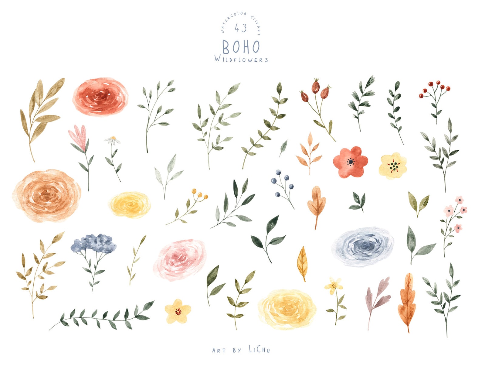 Watercolor Wildflower Clipart Boho Minimalistic Flower Greenery Foliage ...