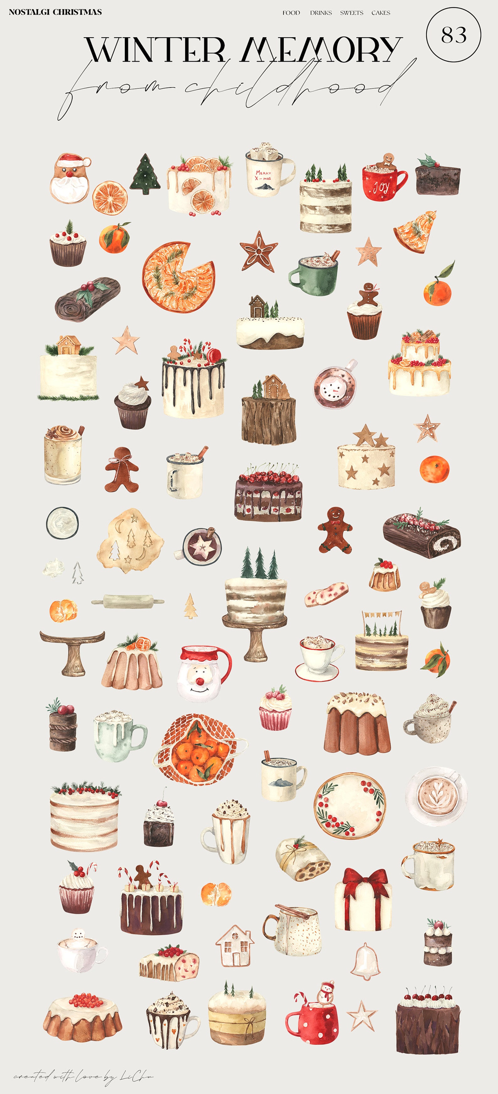 Watercolor Christmas Food Clipart Dessert Drink Cake Pie Gingerbread ...