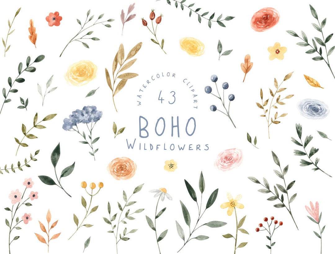 Watercolor Wildflower Clipart Boho Minimalistic Flower Greenery Foliage ...
