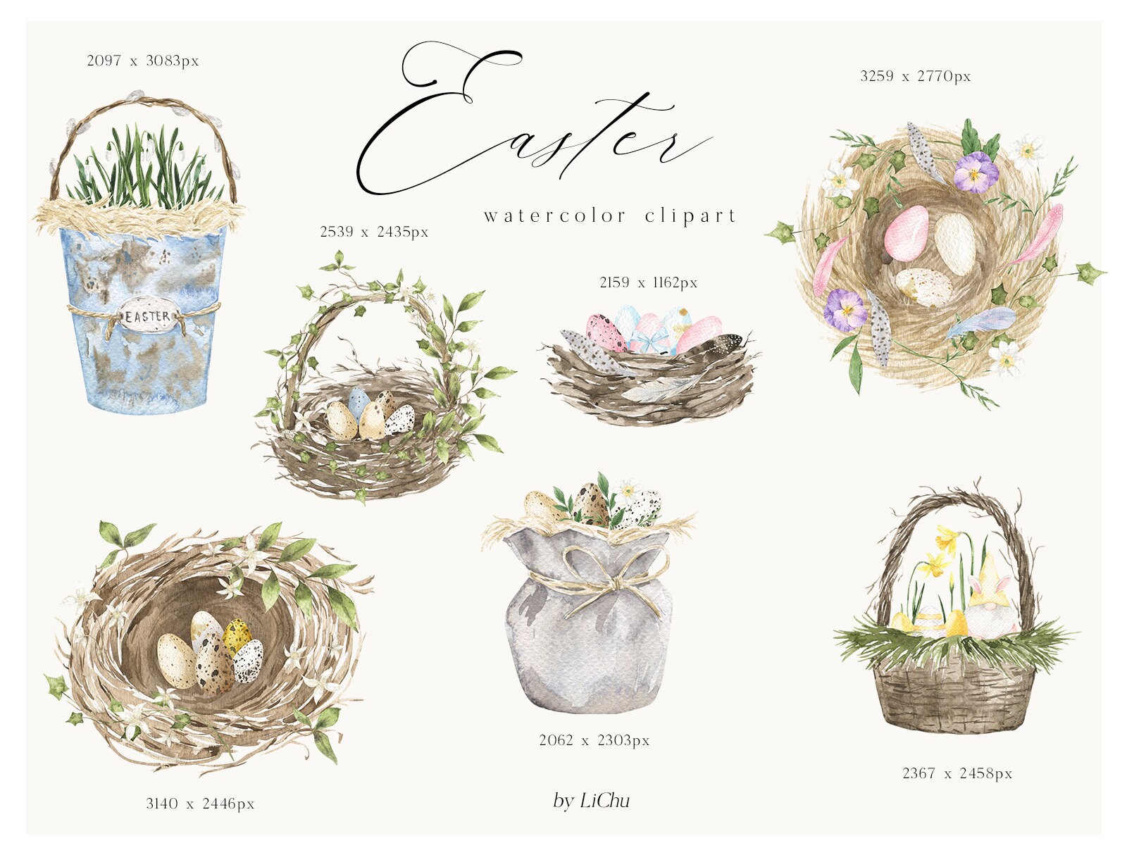 Easter Clipart Watercolor Eggs Basket Flowers Clip Art Cute Printable ...
