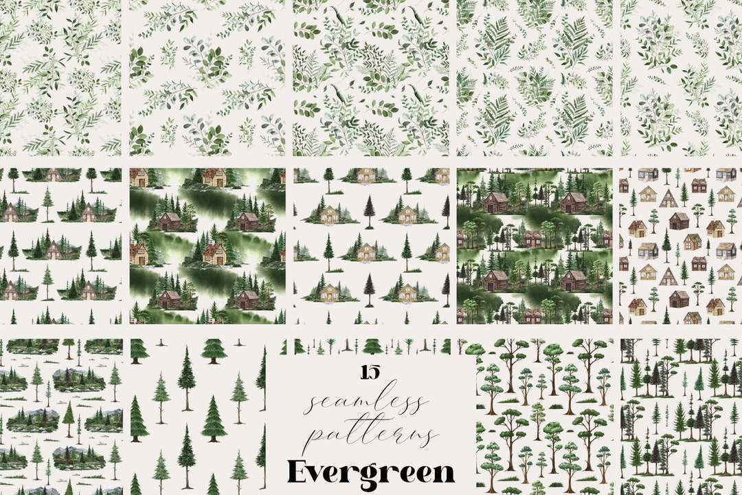 Watercolor Woodland Seamless Pattern Forest Cozy Cabins Houses Cottages ...