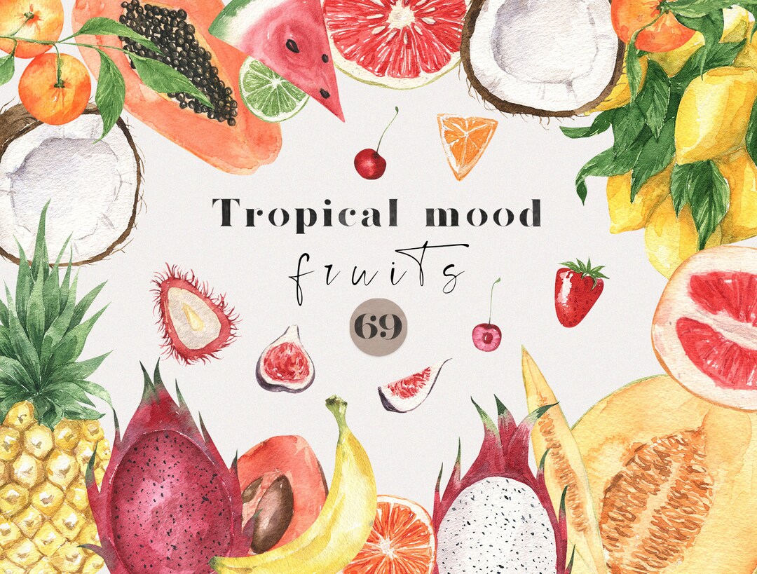Watercolor Tropical Fruit Clipart Citrus Papaya Melon Watermelon Lime ...