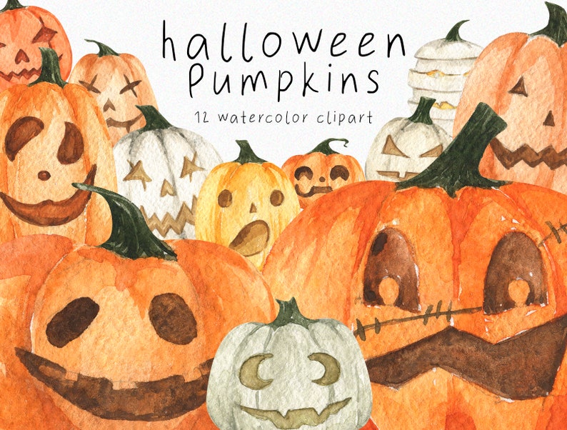 Watercolor Halloween Pumpkin Clipart Jack-o'-lanterns Scary Gourd ...