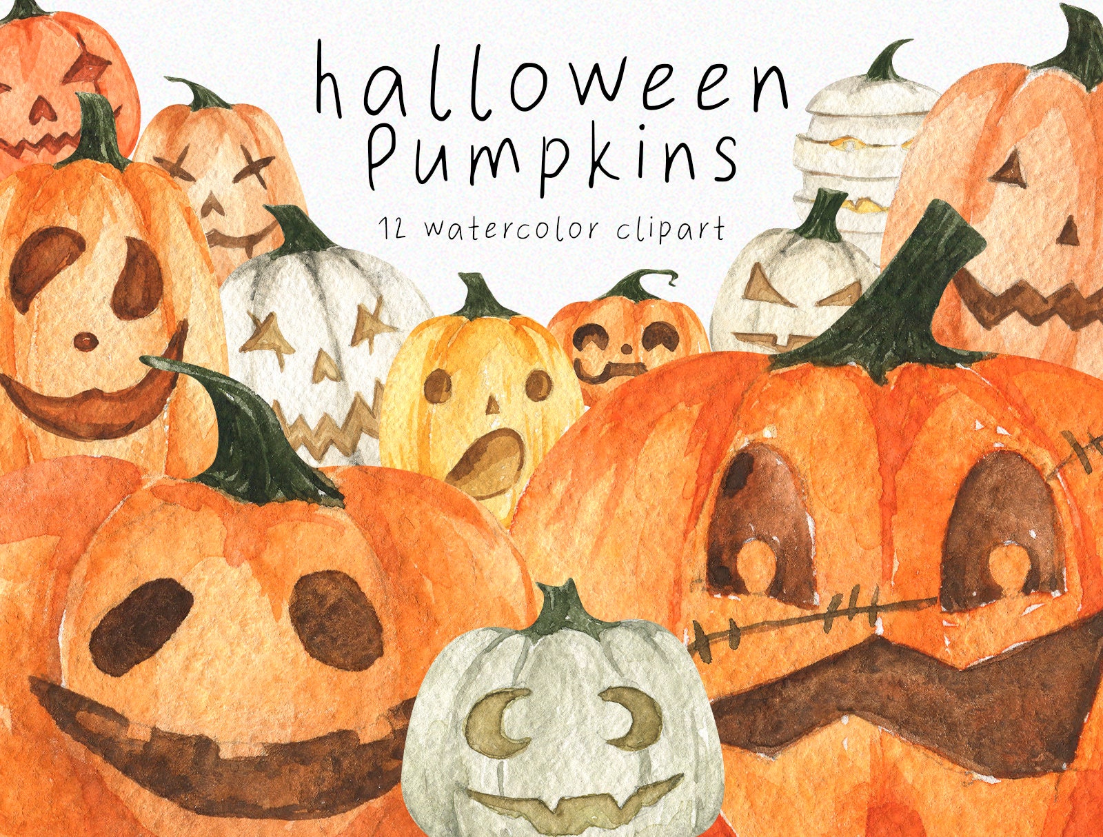 Watercolor Halloween Pumpkin Clipart Jack-o'lanterns | Etsy