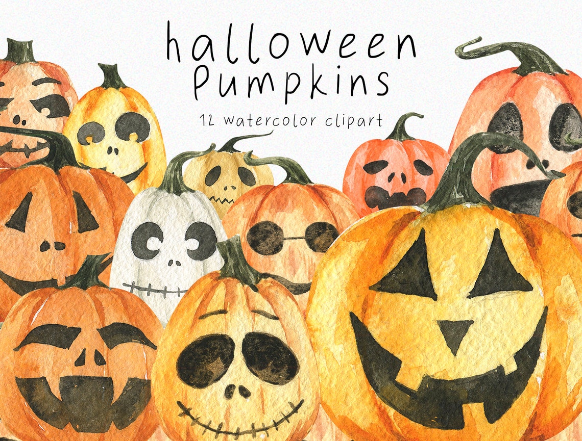 Watercolor Halloween Pumpkin Clipart Jack-o'lanterns - Etsy