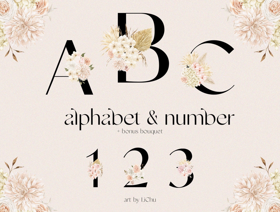 Watercolor Boho Beige Alphabet Numbers Leaves Bouquets Leafy Roses ...