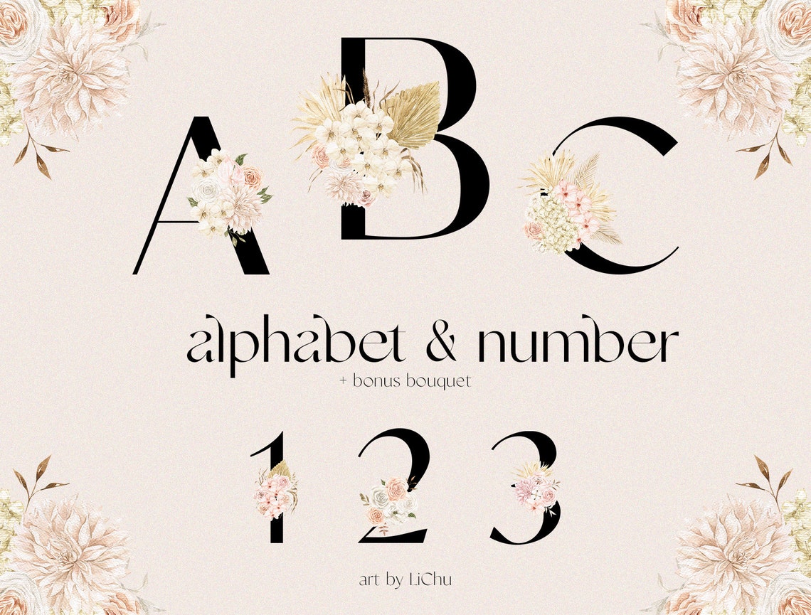 Watercolor Boho Beige Alphabet Numbers Leaves Bouquets Leafy - Etsy
