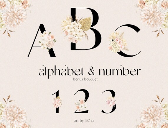 Watercolor Boho Beige Alphabet Numbers Leaves Bouquets Leafy | Etsy
