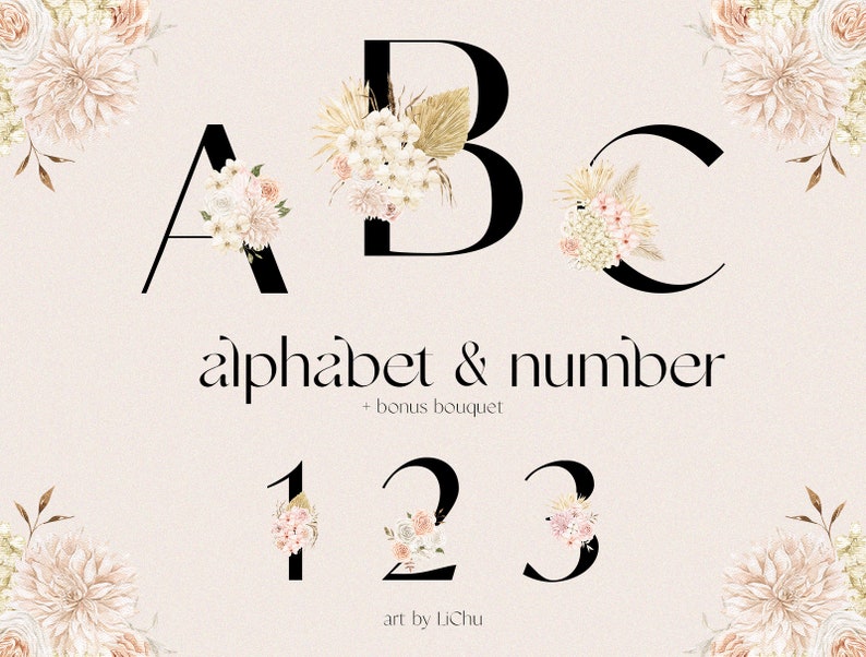 Watercolor Boho Beige Alphabet Numbers Leaves Bouquets Leafy - Etsy