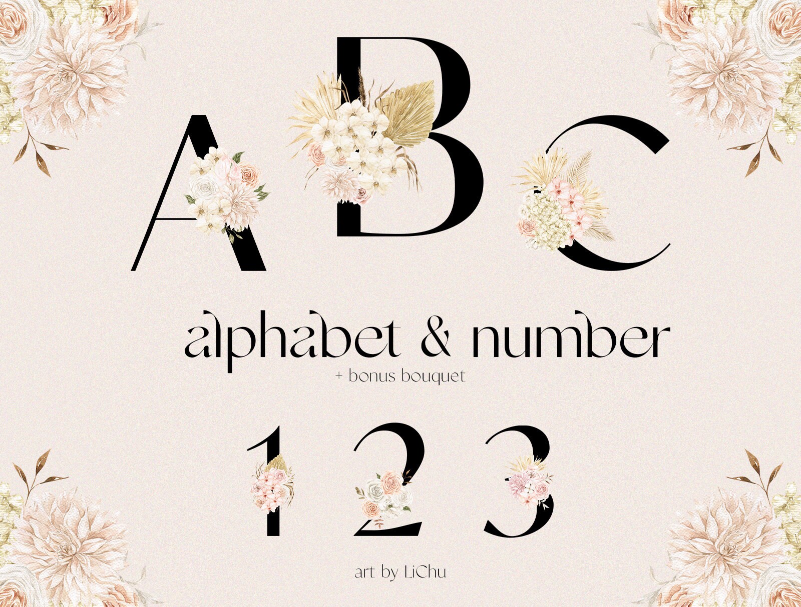 Watercolor Boho Beige Alphabet Numbers Leaves Bouquets Leafy - Etsy