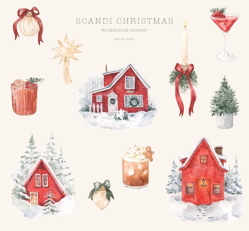 Scandi Christmas Watercolor Clipart Set – Cozy Red Holiday House ...