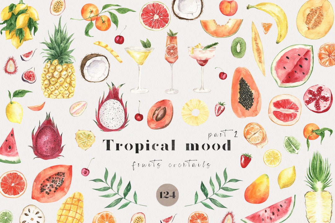 Watercolor Tropical Fruit Cocktail Clipart Citrus Papaya Melon ...