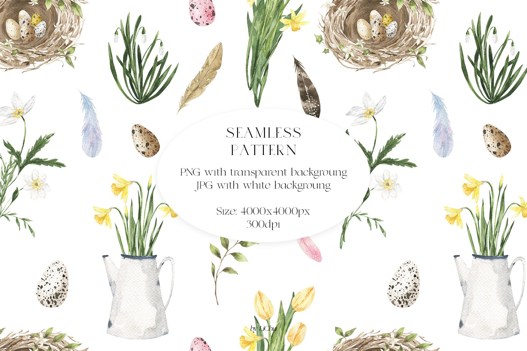 Easter Watercolor Flowers Pattern Spring Birds Bouquets | Etsy