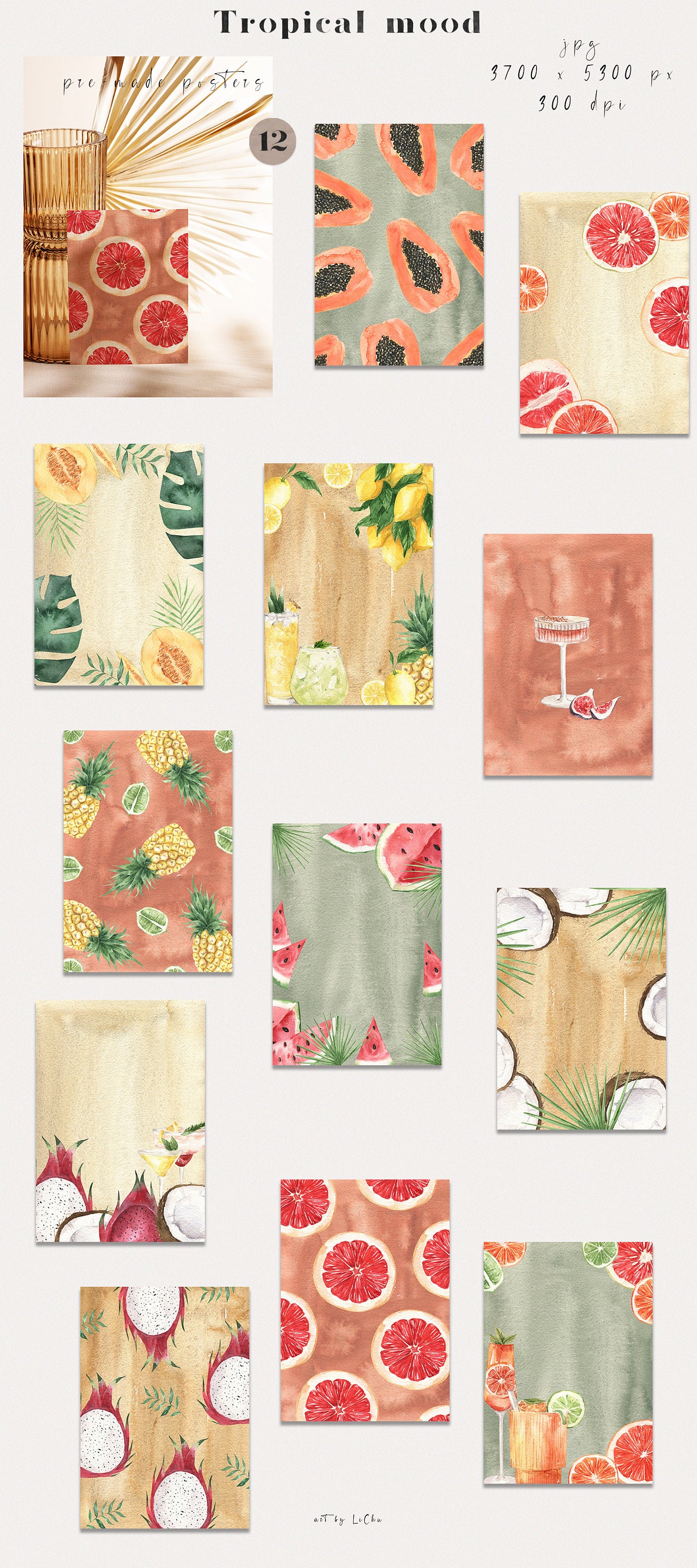 Watercolor Tropical Fruits Posters Clipart Citrus Papaya Melon | Etsy