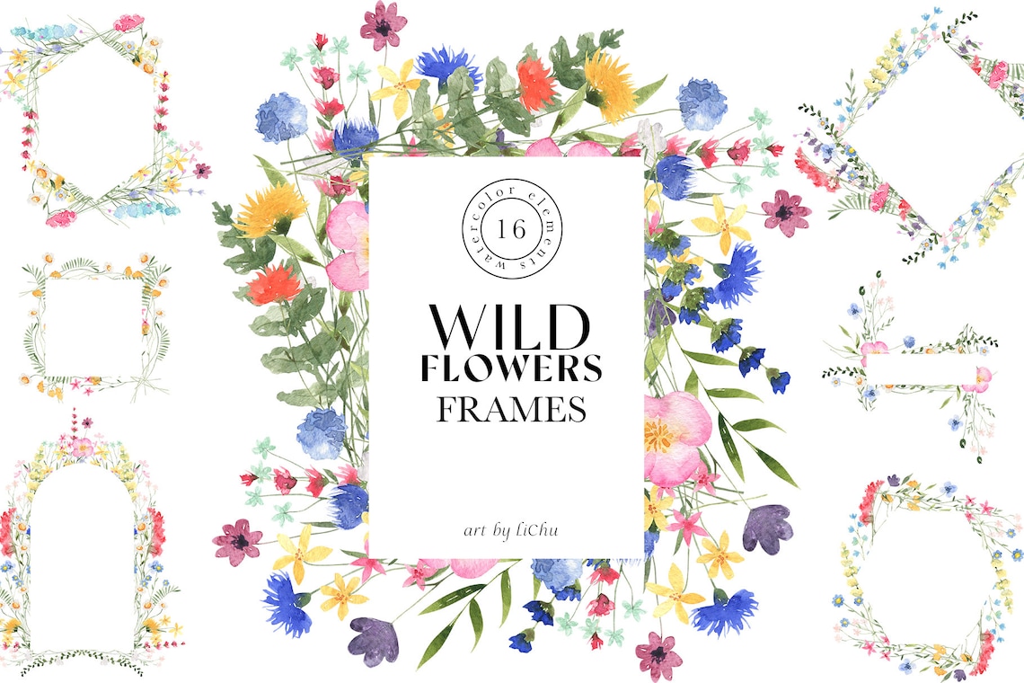 Watercolor Wildflowers Png Floral Frames Clipart Meadow Flora - Etsy