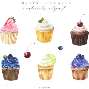 Watercolor Cupcake Clipart Dessert Logo Fruits Cakes Cherry Lemon Berry ...