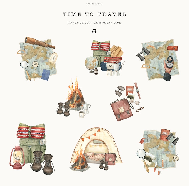Journey Clipart Vintage Camper Art Maps Suitcases Clothes Compass ...