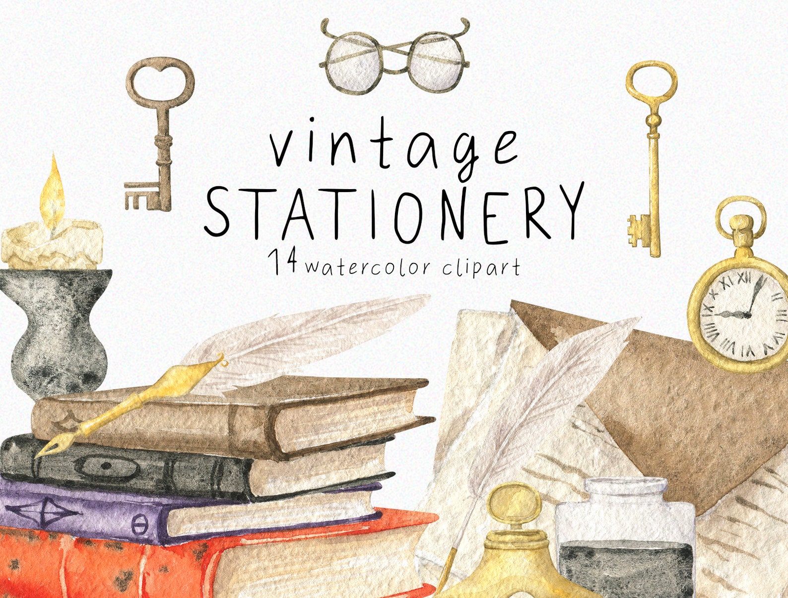 Watercolor Vintage Stationery Clipart Book Letter Wax Seal Key - Etsy