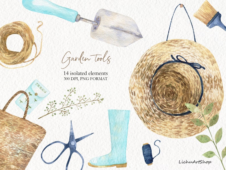 Watercolor Garden Tools Clipart Instant Download. | Etsy