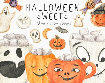Watercolor Halloween Clipart Logo Cake Food Drink Cookie Bakery Spooky ...