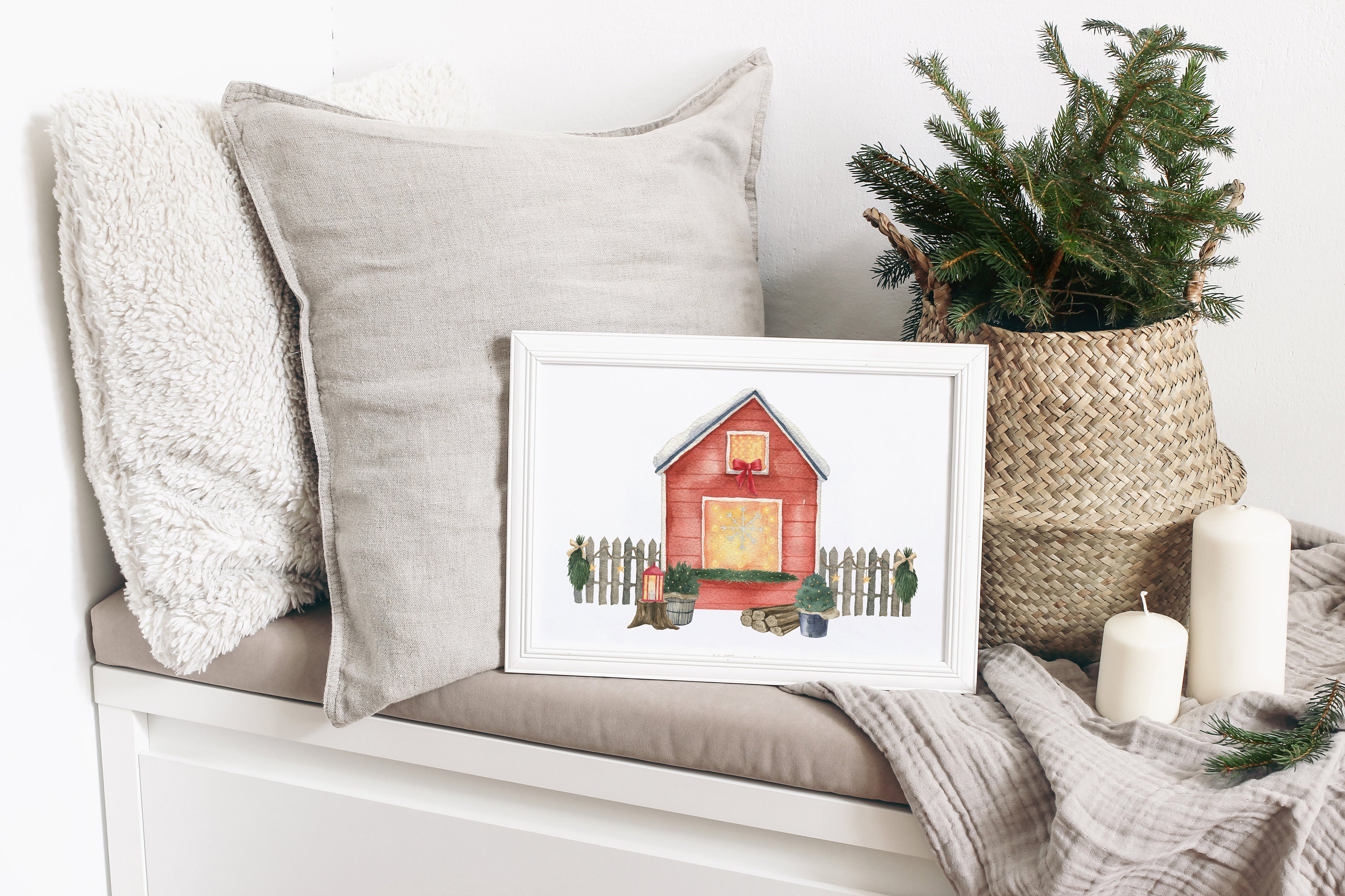 Watercolor Christmas Clipart Winter House Floral Wreath Home - Etsy