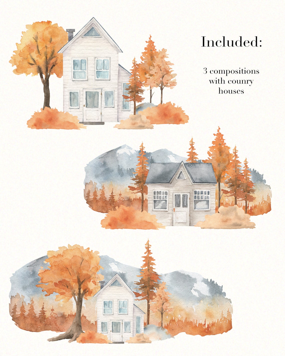 Watercolor Autumn Houses Clipart Mountains Cozy Fall Trees - Etsy