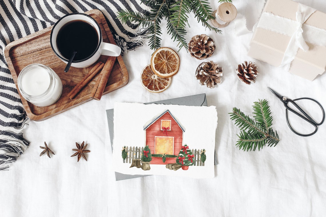 Watercolor Christmas Clipart Winter House Floral Wreath Home - Etsy