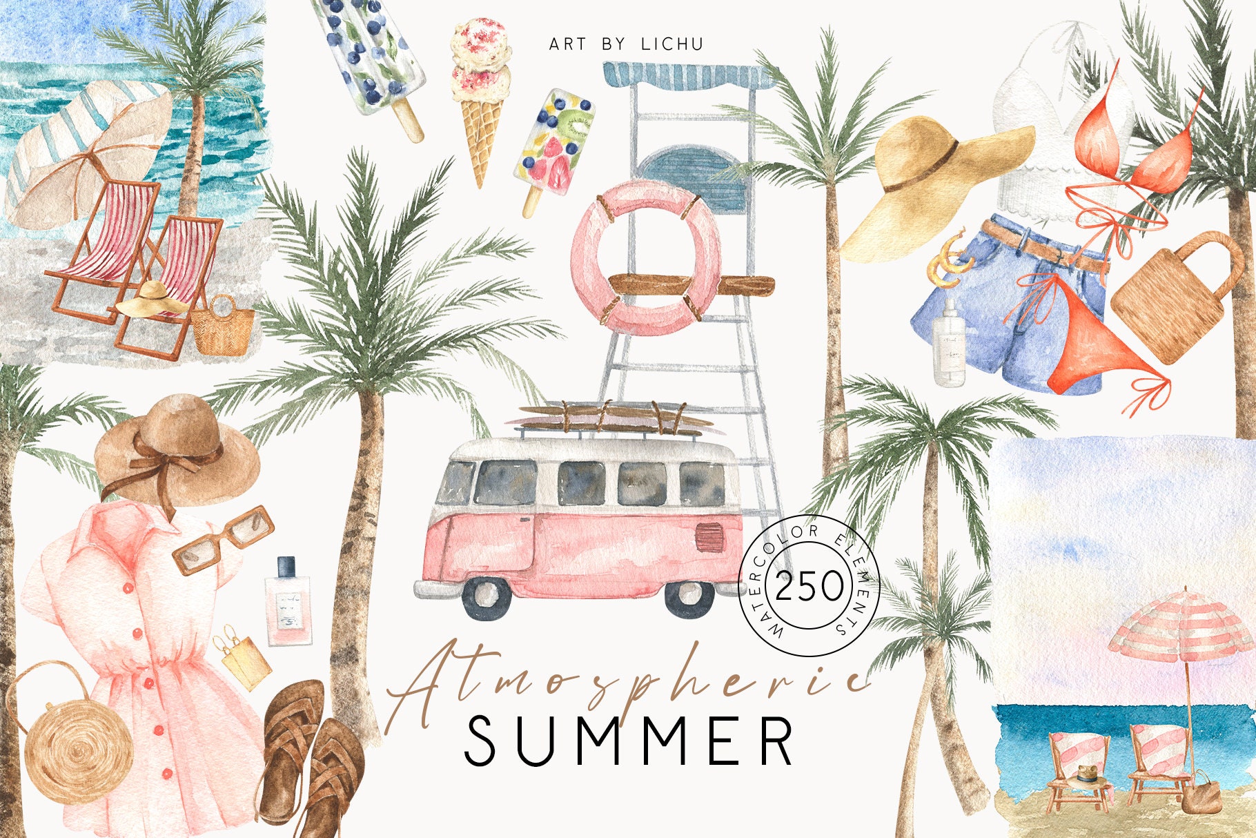 Watercolor Summer Clipart Cocktail Ice Cream Dessert Clothes Outfits ...